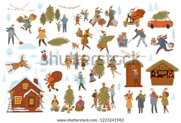 Christmas Winter People Scenes Set Men Stock Vector (Royalty Free ...
