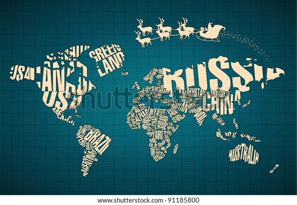 Christmas World Map in Typography with Santa Claus and Deers