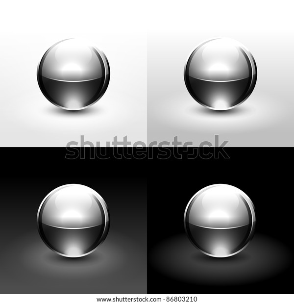 Chrome metal ball with drop black shadow and glowing on white, gray and ...