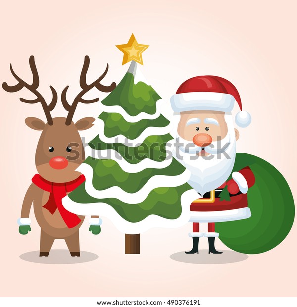 Chrsitmas Card Santa Deer Tree Bag Stock Vector (Royalty Free) 490376191