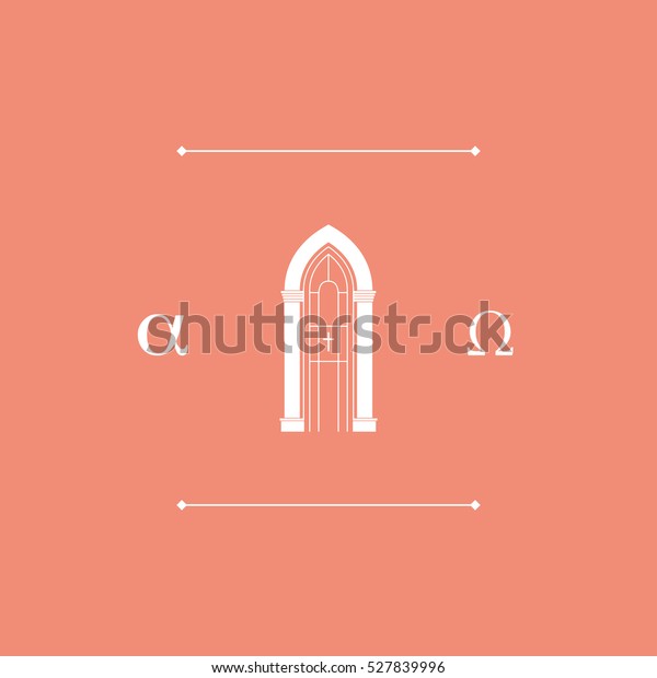 Church window arch with cross in between alpha and omega on pink