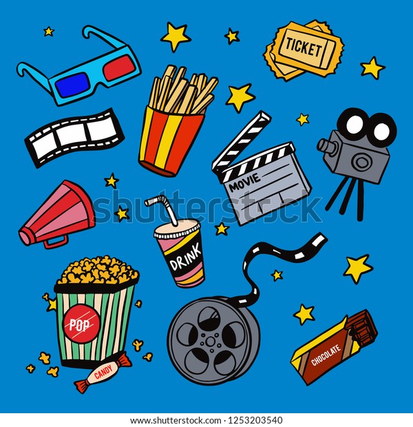 Cinema Movie Doodles Set Vector Hand Stock Vector (Royalty Free) 1253203540