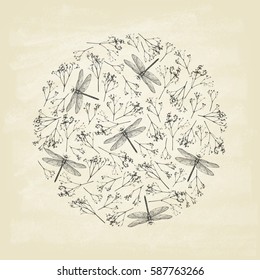 Circle Background Dragonflys Flowers Dragonfly Background Stock Vector ...