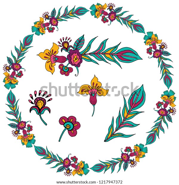 Circular Vector Floral Illustration Flowers Leaves Stok Vektör ...