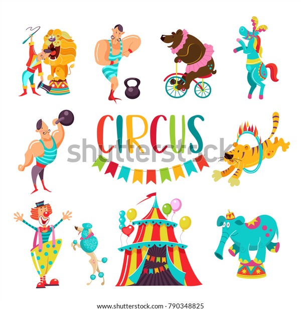 Circus. Big set of vector cliparts. Tent, clown, strong man with ...