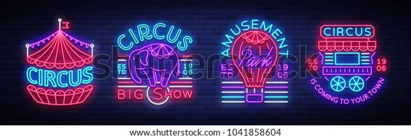 Circus Collection Neon Signs Set Logos Stock Vector (Royalty Free ...