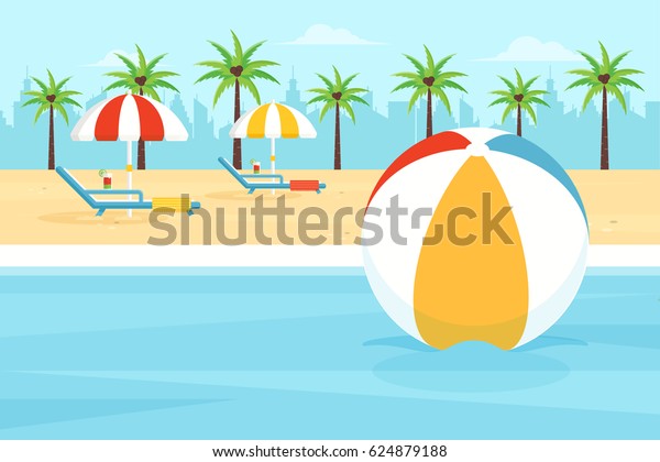 「City Beach Vector Illustration Palm Trees」のベクター画像素材（ロイヤリティフリー） 624879188