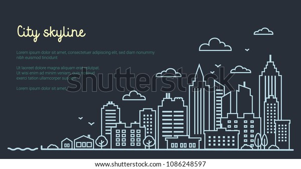 City landscape template. Thin line night City landscape. Downtown ...
