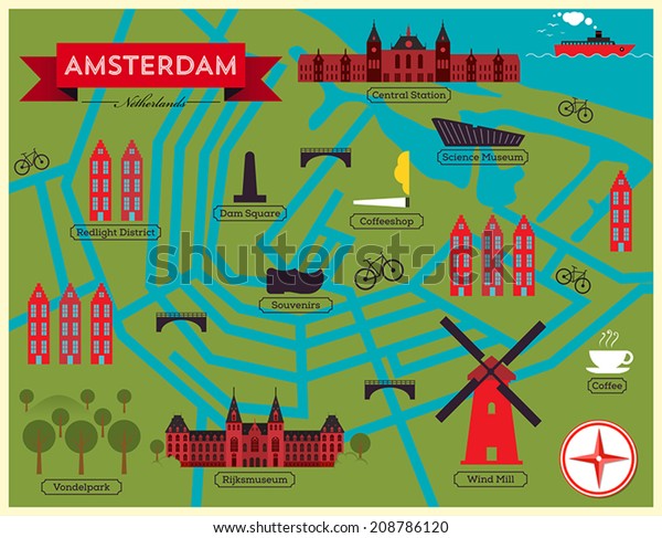 City Map Illustration Amsterdam Landmarks Vector Stock Vector (Royalty ...