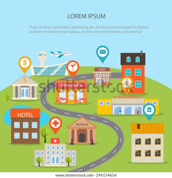 City Map Infographics Buildings Set Pins Stock Vector (Royalty Free ...