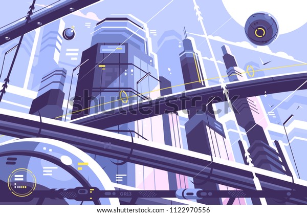 「高層ビルやハイパーループを備えた未来の都市。ベクターイラスト」のベクター画像素材（ロイヤリティフリー） 1122970556