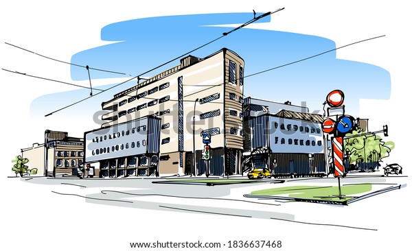 City Street View Hand Drawn Sketch Stock Vector (Royalty Free ...