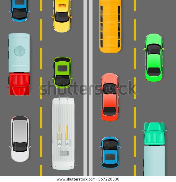 Concepto de vector de tráfico urbano. Vehículos de pasajeros, camiones ...