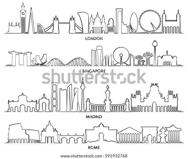 Cityscape Building Line Art Vector Illustration: เวกเตอร์สต็อก (ปลอดค่า ...