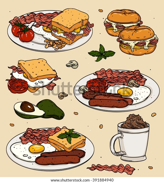 Classic Breakfast Cartoon Set Bacon Fried Stock Vector (Royalty Free ...