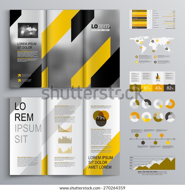 Classic gray brochure template design with black and yellow diagonal ...