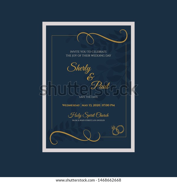 Classy Gold Wedding Invitation Blue Background Stock Vector (Royalty ...