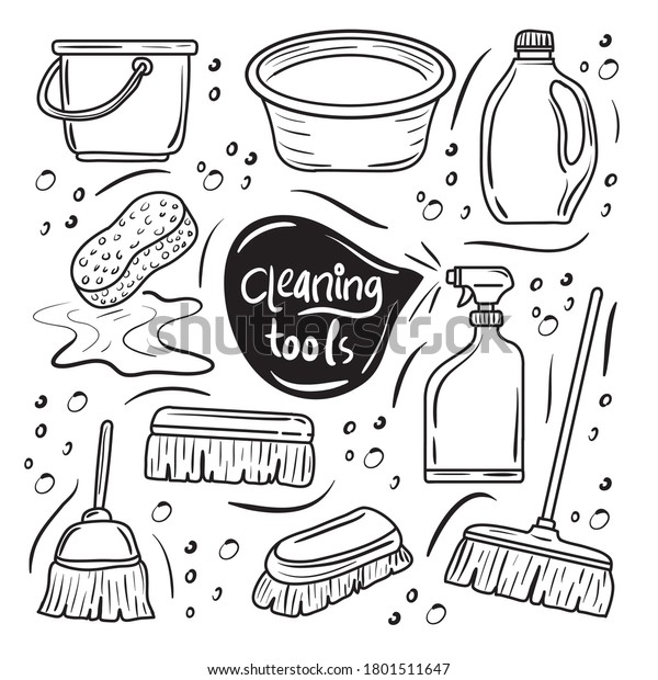 Cleaning Housekeeping Hand Drawn Doodle Icons Stock Vector (Royalty ...