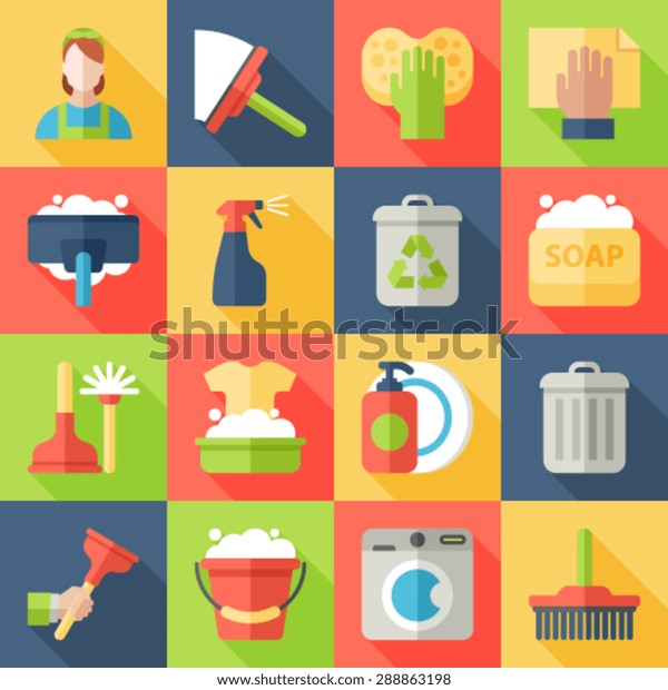 Cleaning icon flat set isolated with windows dishes floor washing ... Cleaning icon flat set isolated with windows dishes floor washing ...