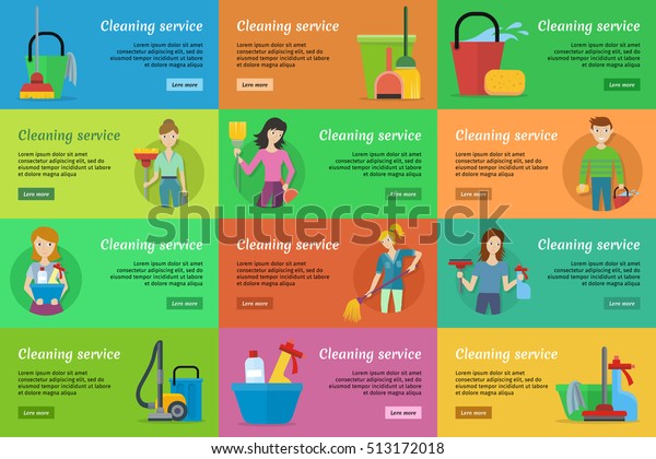 Cleaning service round icon set. Man and woman with equipment and ...