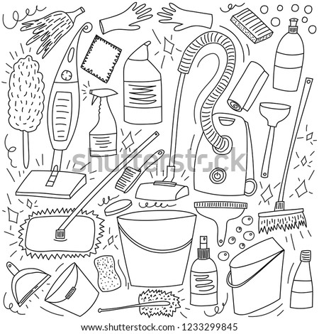 Cleaning Tools Doodle Art Washing House Stock Vector (Royalty Free ...