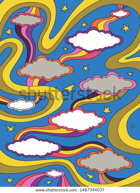 Clouds Rainbows Starry Sky Groovy Psychedelic Stok Vektör (Telifsiz ...