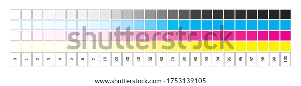 CMYK gradient from 0 to 100 percent print test control scales. Vector ...