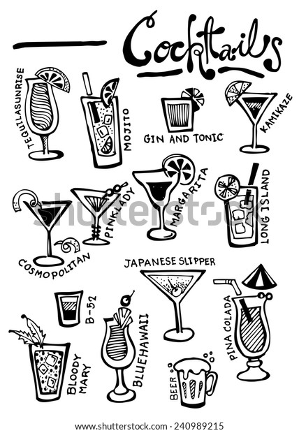 Cocktails Doodles Hand Drawn Vector Stock Vector (Royalty Free) 240989215