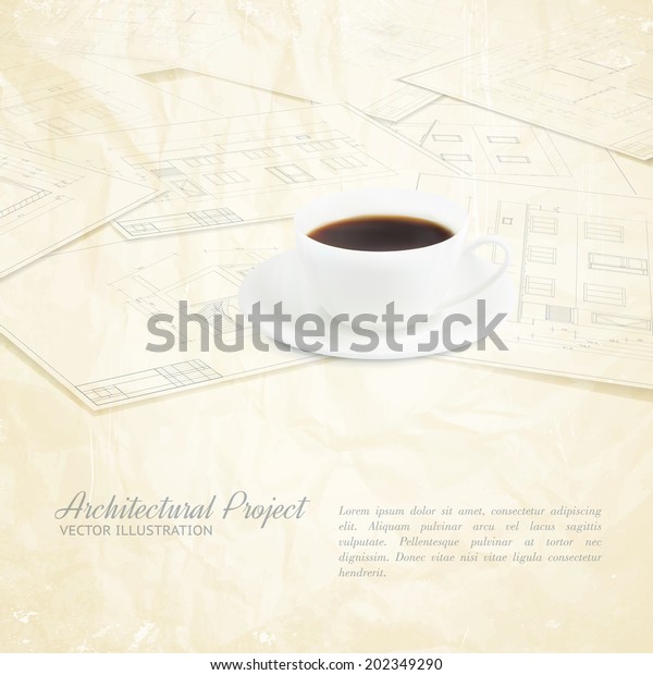 Coffee Cup Placed Over Blueprints Sketches Stock Vector (Royalty Free ...