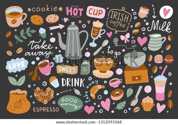 Coffee Doodles Vector Collection Cute Sweet: vector de stock (libre de ...