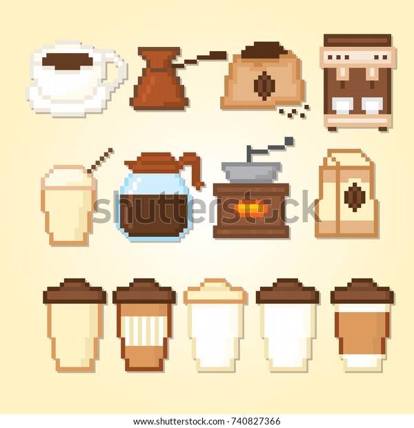 Coffee Icon Set Pixel Art Old: vector de stock (libre de regalías ...