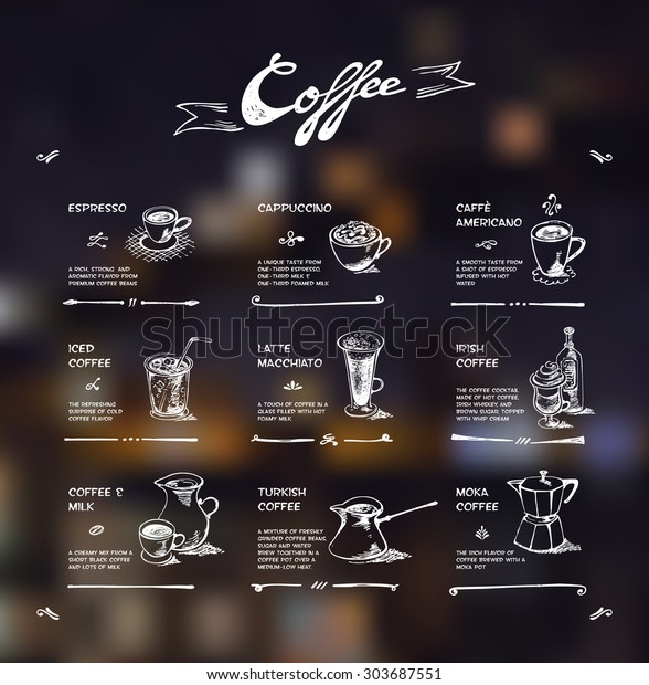 Kaffe menu. Hvid tegning på mørk Stock-vektor (royaltyfri) 303687551