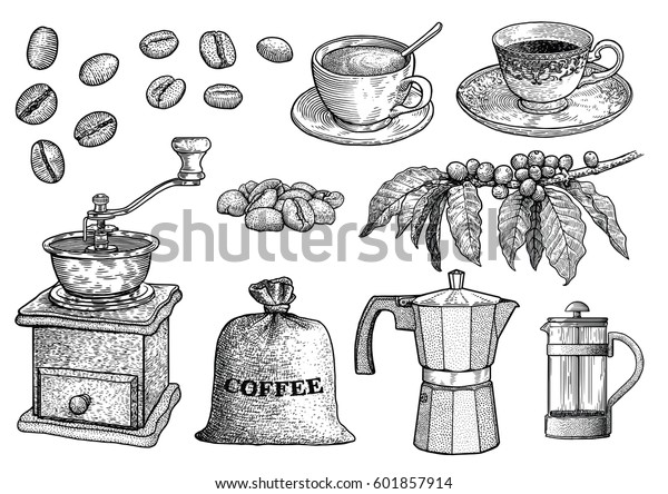 Vektor Stok Kopi set ilustrasi, menggambar, ukiran, tinta, (Tanpa ...