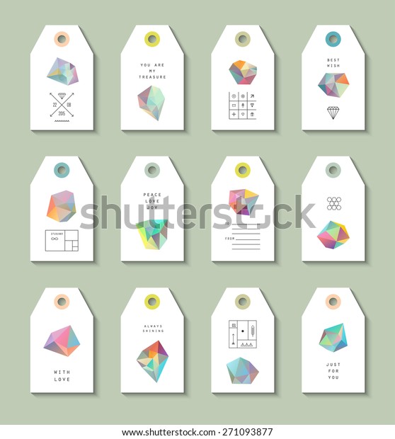 Collection of 12 Hang Tags with crystals in polygon style with ...