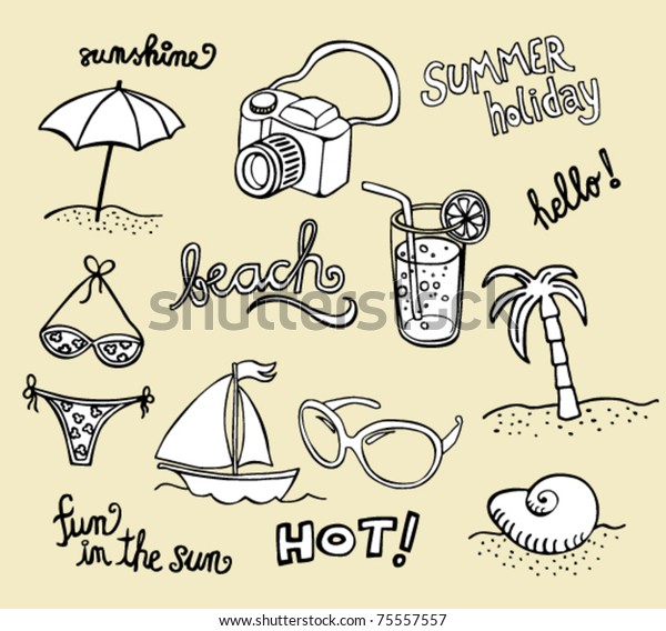 Collection Beach Doodles Sketches Stock Vector (Royalty Free) 75557557