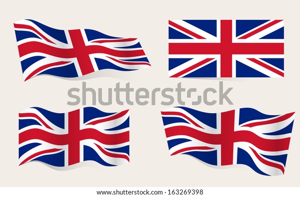 Collection of british flags moving in the wind in vector