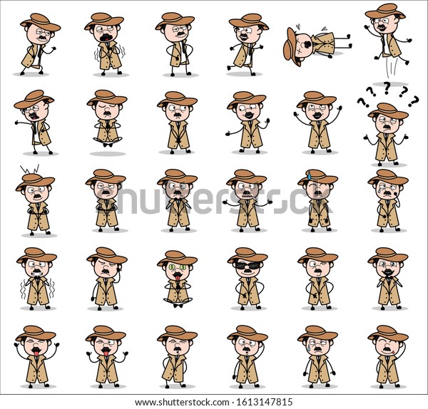 Collection Cartoon Detective Agent Poses Set Stock Vector (Royalty Free ...