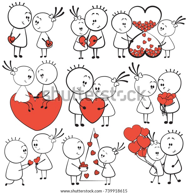 collection cartoon figure lovers in different poses with red heart ...