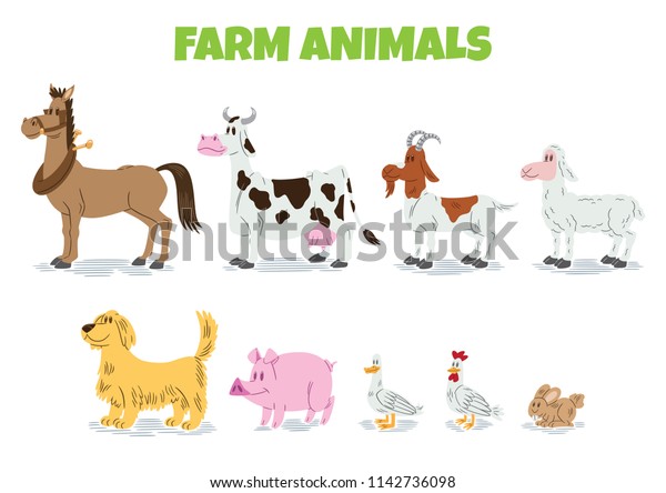 Collection Cartoon Style Illustrations Farm Animals Stock Vector ...