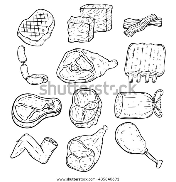 Collection Chicken Pork Beef Meat Doodle: vector de stock (libre de ...