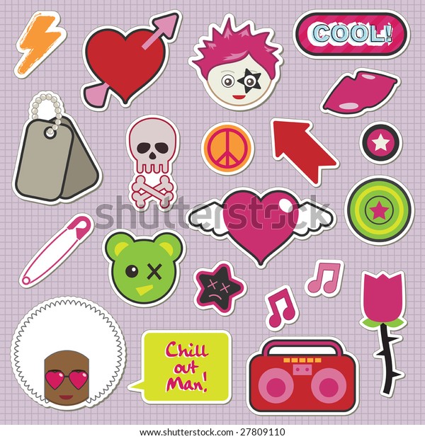 Collection Childrens Stickers Emo Pinks Stock Vector (Royalty Free ...