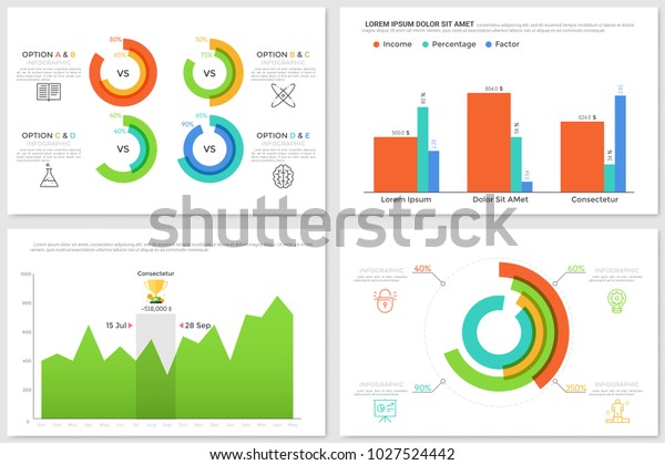 Collection of circular diagrams, bar chart, linear graph. Concept of ...