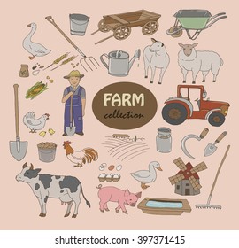 Collection Colored Farm Doodles Different Objects Stock Vector (Royalty ...