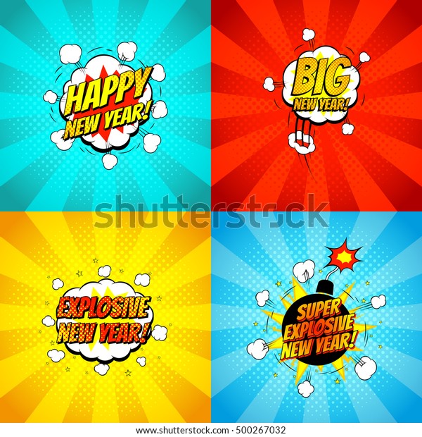 Collection Comic Happy New Year Banners Stock Vector (Royalty Free ...