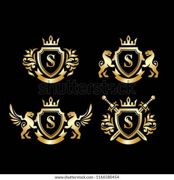 Collection Crown Shield On Black Background Stock Vector (Royalty Free ...