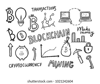 Collection Cryptoccurrency Blockchain Mining Doodles Hand Stock Vector ...