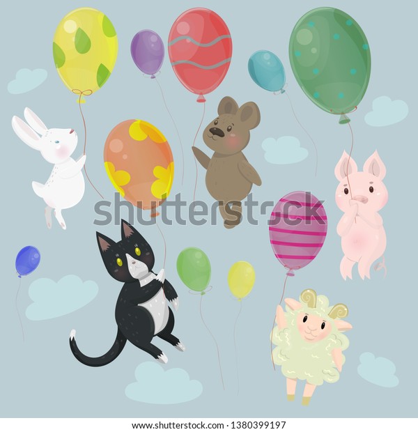 Collection Cute Animals Balloons Vector Image: เวกเตอร์สต็อก (ปลอดค่า ...
