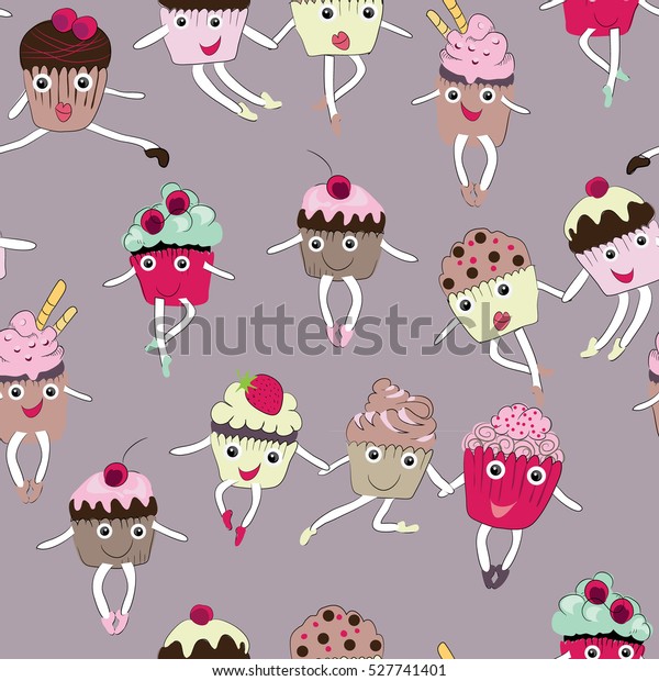 Collection Cute Dancing Muffins Cupcakes Seamless Stock Vector (Royalty ...