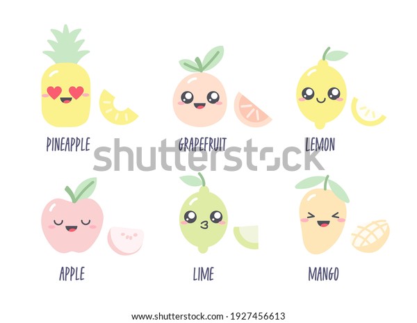 Collection Cute Drawing Fruit Characters Pastel Stock Vector (Royalty ...