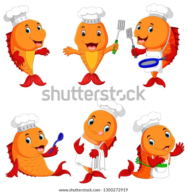 Collection Cute Fish Chef Cartoon Stock Vector (Royalty Free) 1300272919